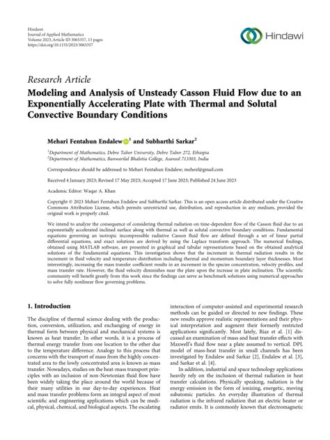 Pdf Modeling And Analysis Of Unsteady Casson Fluid Flow Due To An Exponentially Accelerating