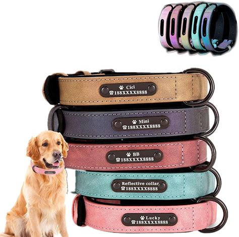Amazon カスタム犬用首輪、反射レザー犬用首輪 パーソナライズ彫刻ネームプレート サイズ調節可能 小型、中型、大型犬 シアン、m