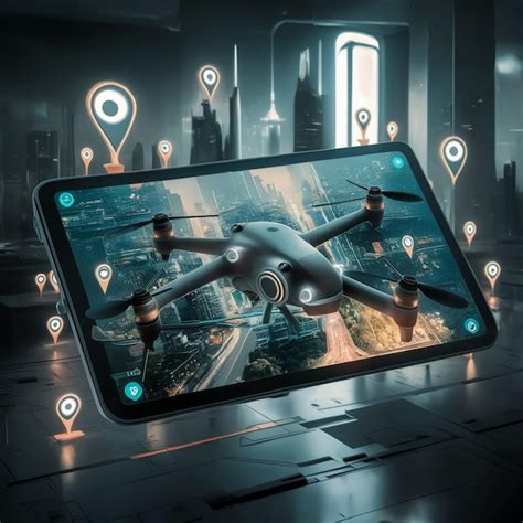 The Image Displays A Drone On A Screen Marked With Location Pins And Icons Highlighting Points The Image Displays A Drone On A Screen Marked With Location Pins And Icons Highlighting Points