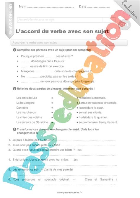 Accord sujet verbe CM Exercice évaluation révision leçon