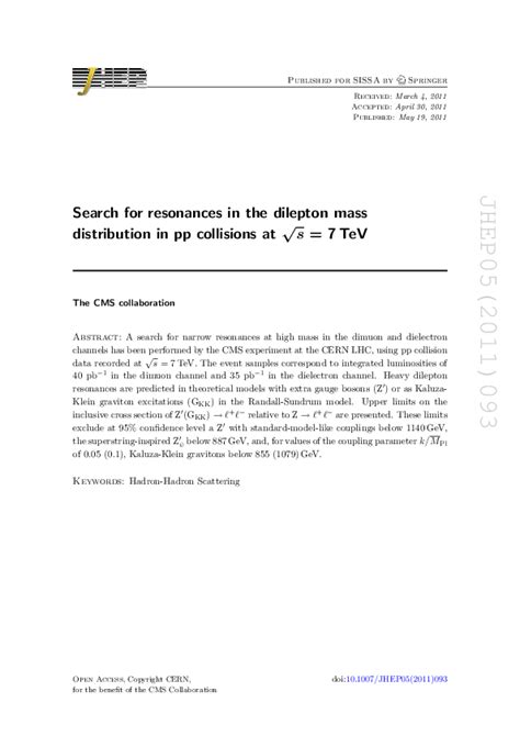 Pdf Search For Resonances In The Dilepton Mass Distribution In Pp Collisions At Tev