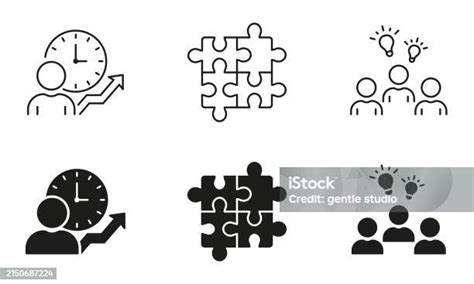 팀워크 라인과 실루엣 아이콘 세트 경영 전략 픽토그램 비즈니스 파트너십 심볼 컬렉션 창조적 인 아이디어 직장에서 도전 표시 고립된 벡터 삽화 경영자에 대한 스톡 벡터 아트