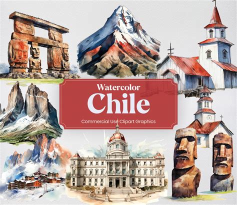 Watercolor Chile 47 Chilean Landmarks Travel Vacation Holiday Digital