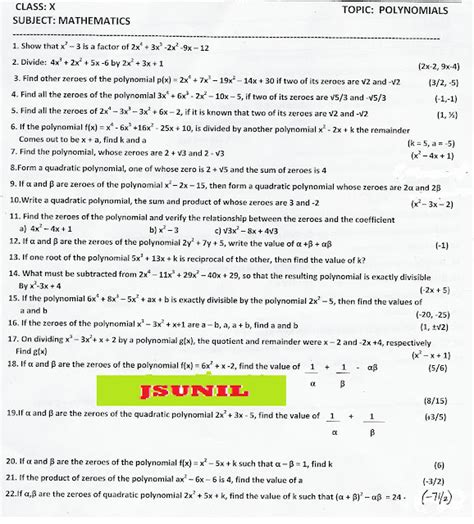 X Maths Chapter 02 Polynomials Test Paper For Sa 1 Cbse Adda