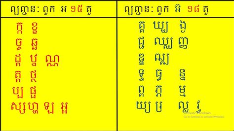 ព្យញ្ជនៈនិងជើងព្យញ្ជនៈ មានព្យញ្ជនៈ ពួក អ ១៥ តួ ព្យញ្ជនៈ ពួក អ៊ ១៨ តួ Youtube