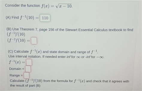 solved consider the function f x x−10 a find f−1 10