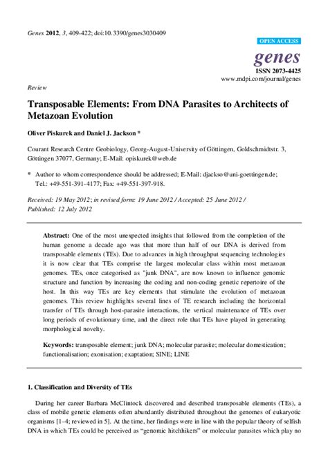 Pdf Transposable Elements From Dna Parasites To Architects Of