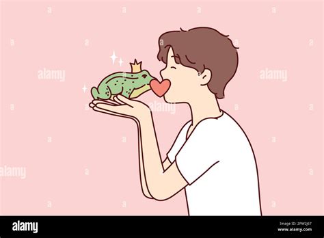 Guy Kisses Frog Princess With Crown On Head Wishing That Animal Turned