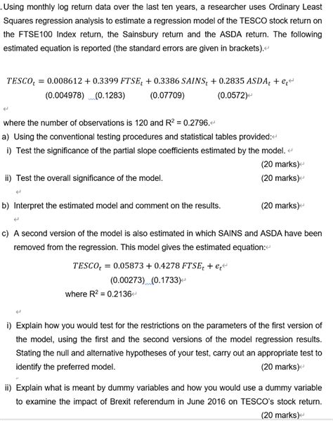 Solved Using Monthly Log Return Data Over The Last Ten Chegg Com