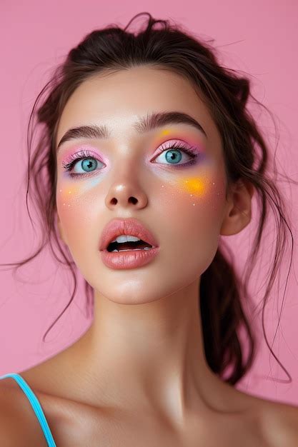Premium Photo A Young Woman With Pastel Colored Make Up And Pink Lips