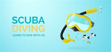 3d 스쿠버 다이빙 우리와 함께 다이빙하는 법을 배우십시오 플래 카드 포스터 배너 카드 템플릿 만화 스타일 벡터 3차원 형태에 대한 스톡 벡터 아트 및 기타 이미지 Istock