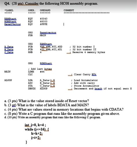 Q4 28 Pts Consider The Following Hc08 Assembly Program Label Oper