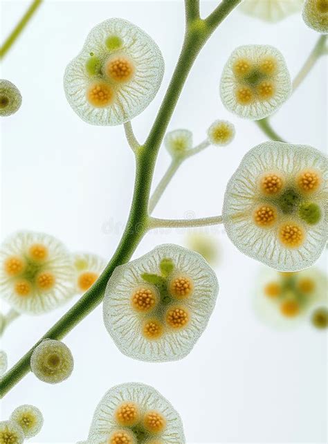 Microscopic Aquatic Plant Translucent Spherical Structures With Yellow Orange Centers Stock