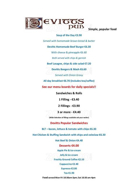 Menu At Two Sisters Pub And Bar Dublin