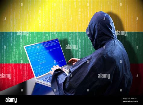 Anonymous Hooded Hacker Flag Of Lithuania Binary Code Cyber Attack