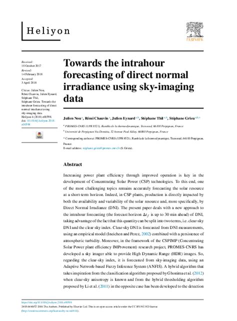 Pdf Towards The Intrahour Forecasting Of Direct Normal Irradiance Using Sky Imaging Data