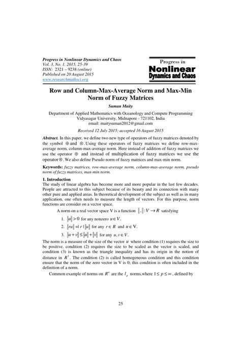 Pdf Row And Column Max Average Norm And Max Min Norm Of Fuzzy Matrices