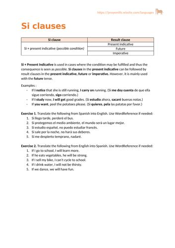 Spanish Grammar Si Clauses Teaching Resources