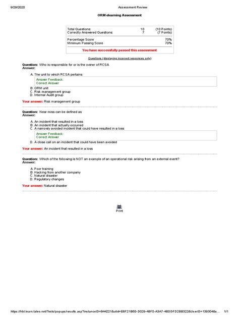 Assessment Review Orm Elearning Assessment Passing Score Of 70 Achieved With Areas For