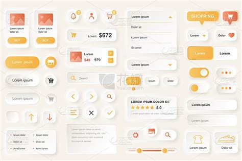 用于购物移动应用程序的用户界面元素。购物平台导航，产品评级和价格的gui模板。独特的neumorph素材 花瓣网