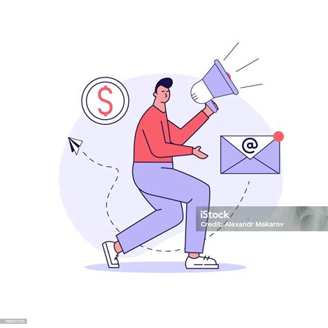 메가폰으로 외치는 남자 라우드 스피커로 발표하는 비즈니스 캐릭터 직접 마케팅 프로모션 이메일 마케팅 Pr 이메일 캠페인의 개념 플랫 윤곽선 디자인의 벡터 그림 마케팅에 대한