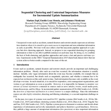 Sequential Clustering And Contextual Importance Measures For Incremental Update Summarization