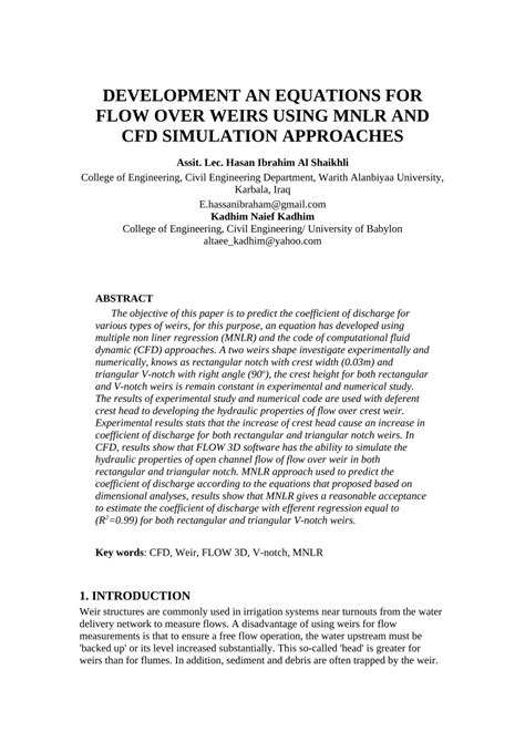 pdf development an equations for flow over weirs using mnlr and cfd
