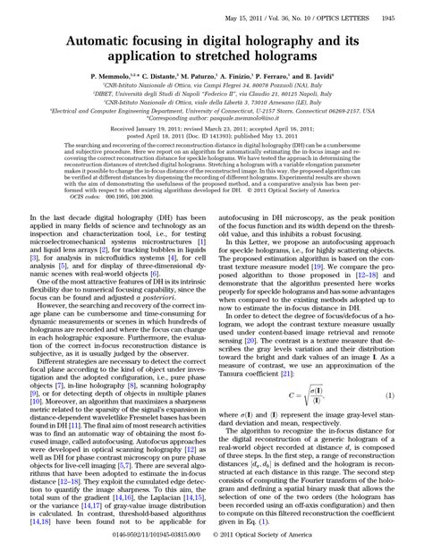 pdf automatic focusing in digital holography and its application to