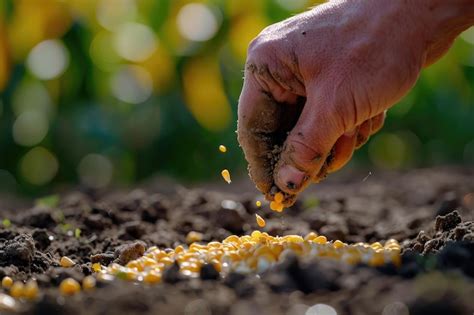 Close Up Of Hand Planting Corn Seed Into The Ground Premium Ai