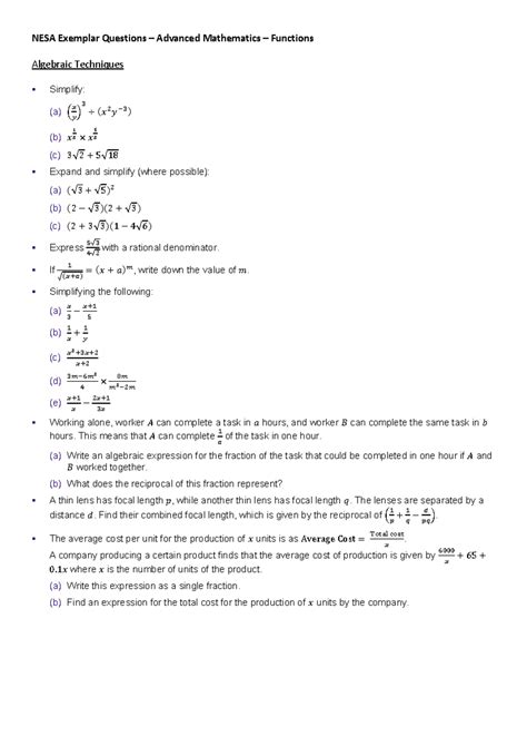 Functions Revision Nesa Nesa Exemplar Questions Advanced Mathematics Functions Algebraic