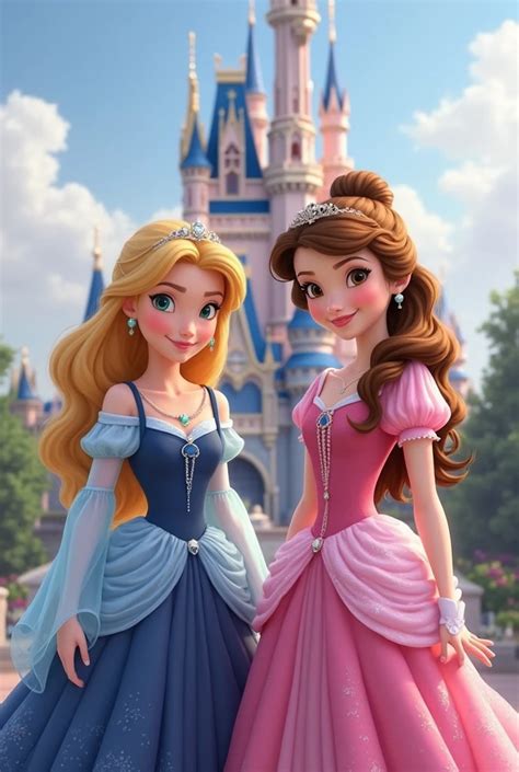 Generate A Photo Of Two Princess Friends Standing From The Right