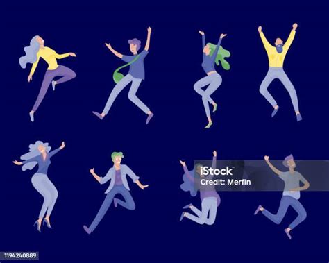 다양한 포즈에서 캐릭터를 점프 젊은 즐거운 웃음 사람들의 그룹은 제기 손으로 점프 행복 한 긍정적인 젊은 남자와 여자 개념에 대한 스톡 벡터 아트 및 기타 이미지 Istock