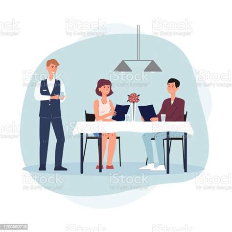레스토랑 이나 카페 플랫 벡터 일러스트에서 음식을 주문 하는 커플 격리 레스토랑에 대한 스톡 벡터 아트 및 기타 이미지 레스토랑 웨이터 먹기 Istock