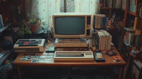 Retro Vintage Computer Desk Setup With Old School Technology Stock