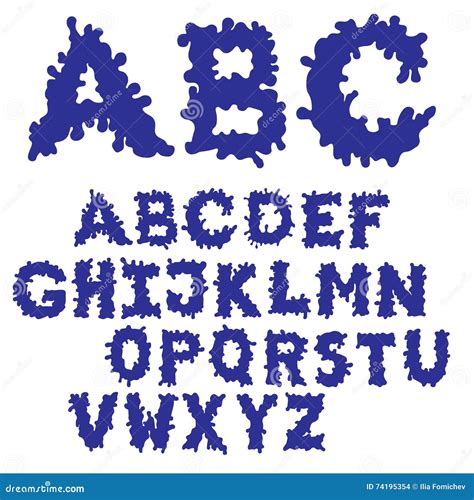 Blob Ink Font Outline Hand Drawn Sketch Font Blue Alphabet Set Eps 8 Vector Illustration