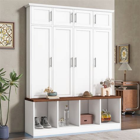 Churanty Large Hall Tree With 4 Hidden Hanging Hooks White Wood Grain