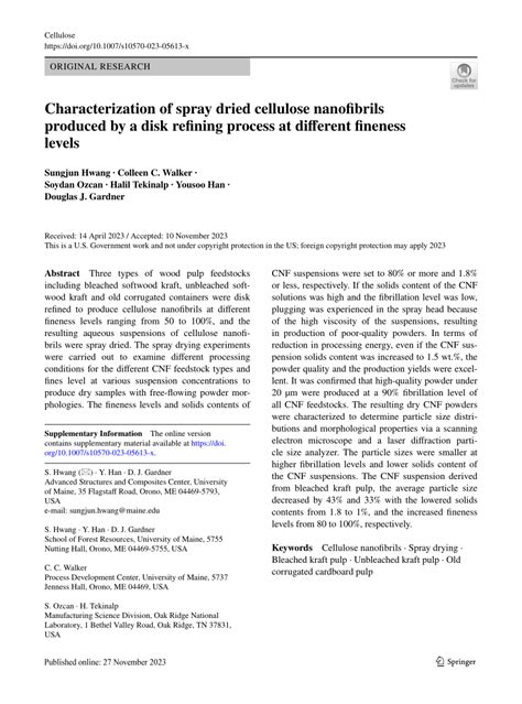 Pdf Characterization Of Spray Dried Cellulose Nanofibrils Produced By A Disk Refining Process