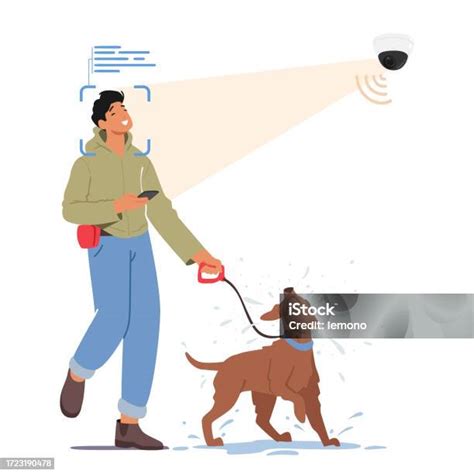 감시 카메라 얼굴 인식 시스템 아래 개와 함께 걷는 남자 캐릭터 모니터링 벡터 일러스트레이션 감시에 대한 스톡 벡터 아트 및 기타 이미지 Istock