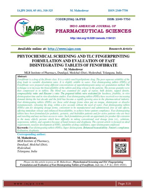 Phytochemical Screening And Tlc Fingerprinting Formulation And Evaluation Of Fast Disintegrating