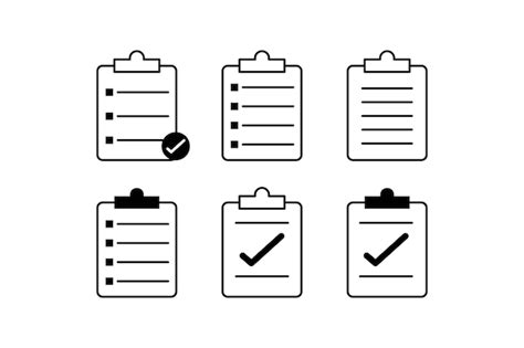 포적 인 종이 체크리스트 효율적인 계획을 위한 터 아이콘 템플릿 세트 프리미엄 벡터