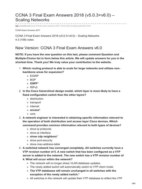Ccna 3 Final Exam Answers 2018 V503v60 Scaling Networks Pdf Routing Network Switch