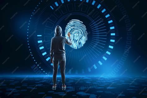 Premium Photo Hacker Using Abstract Glowing Fingerprint Hologram On Blurry Blue Background