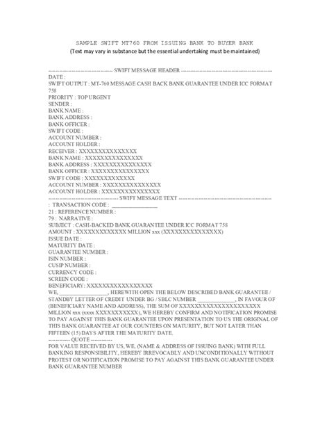 Fillable Online Sample Swift Mt760 From Issuing Bank To Buyer Bank Fax