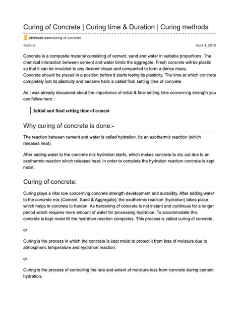 Curing Of Concrete Curing Time And Duration Curing Methods Pdf Pdf
