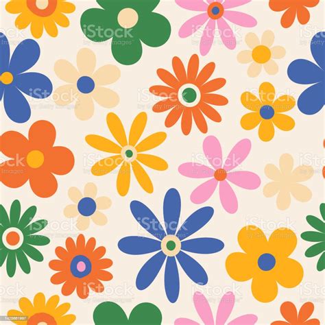 그루비 데이지 꽃과 함께 70 년대 스타일의 트렌디 한 꽃 패턴 빈티지 스타일 밝고 다채로운 색상 레트로 꽃 벡터 디자인 Y2k 0명에 대한 스톡 벡터 아트 및 기타 이미지