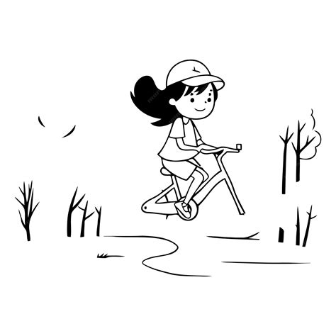 Девушка едет на велосипеде в парке милая мультфильмная векторная иллюстрация Премиум векторы