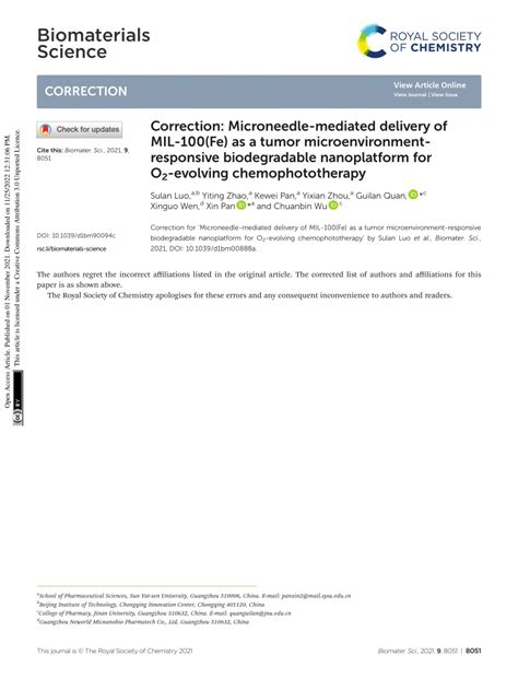 Pdf Correction Microneedle Mediated Delivery Of Mil 100fe As A Tumor Microenvironment