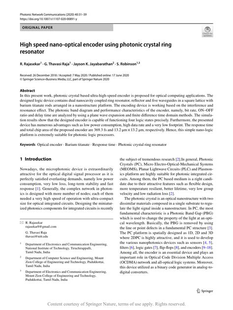 High Speed Nano Optical Encoder Using Photonic Crystal Ring Resonator