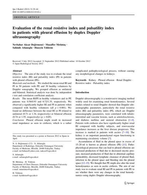 Pdf Evaluation Of The Renal Resistive Index And Pulsatility Index In