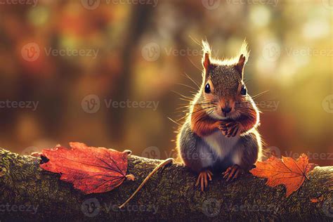 3d Illustration Of A Cute Squirrel Sitting On A Branch In Autumn Forest